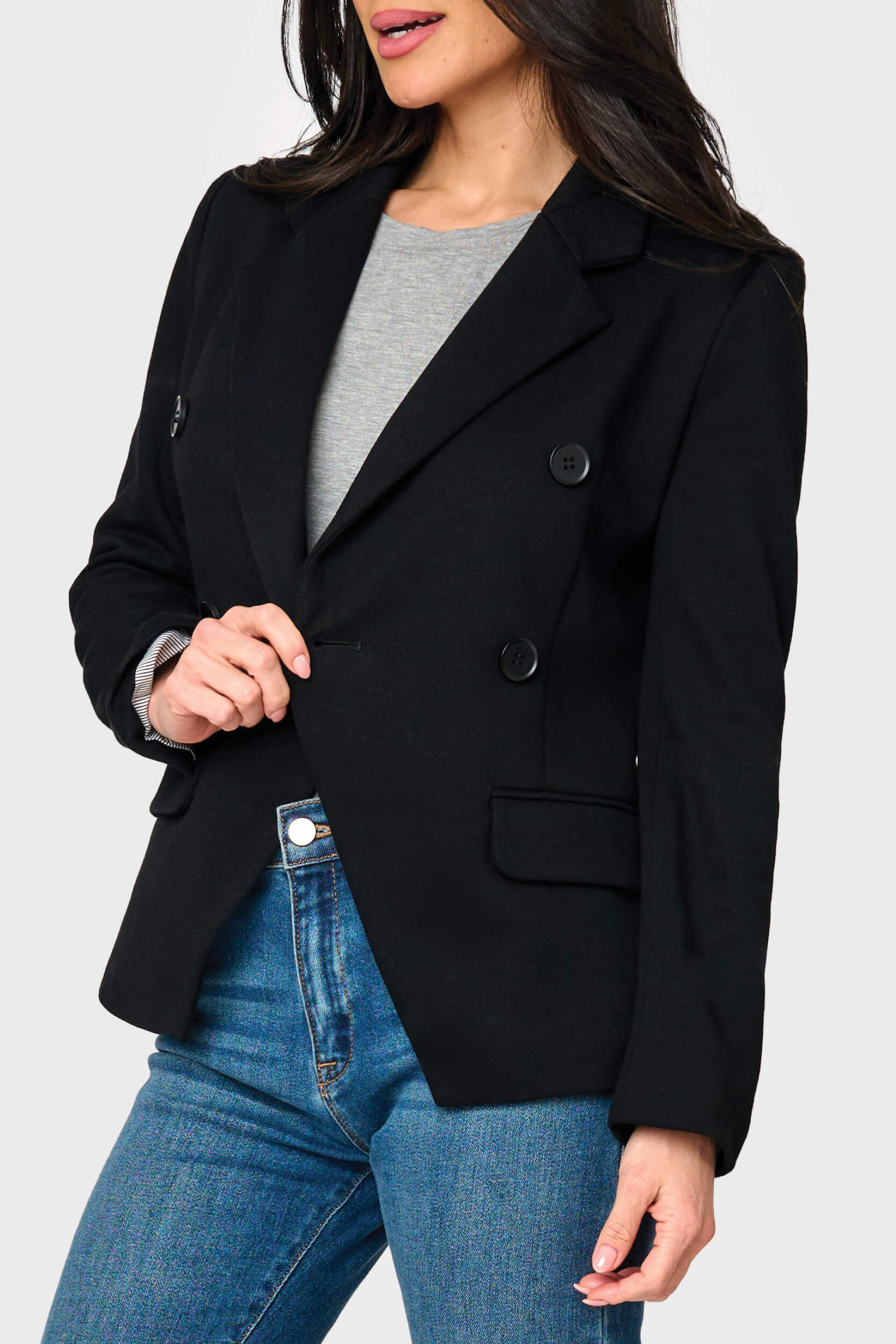 Double Breasted Blazer in Black | Women's Knit Blazer | Gibsonlook