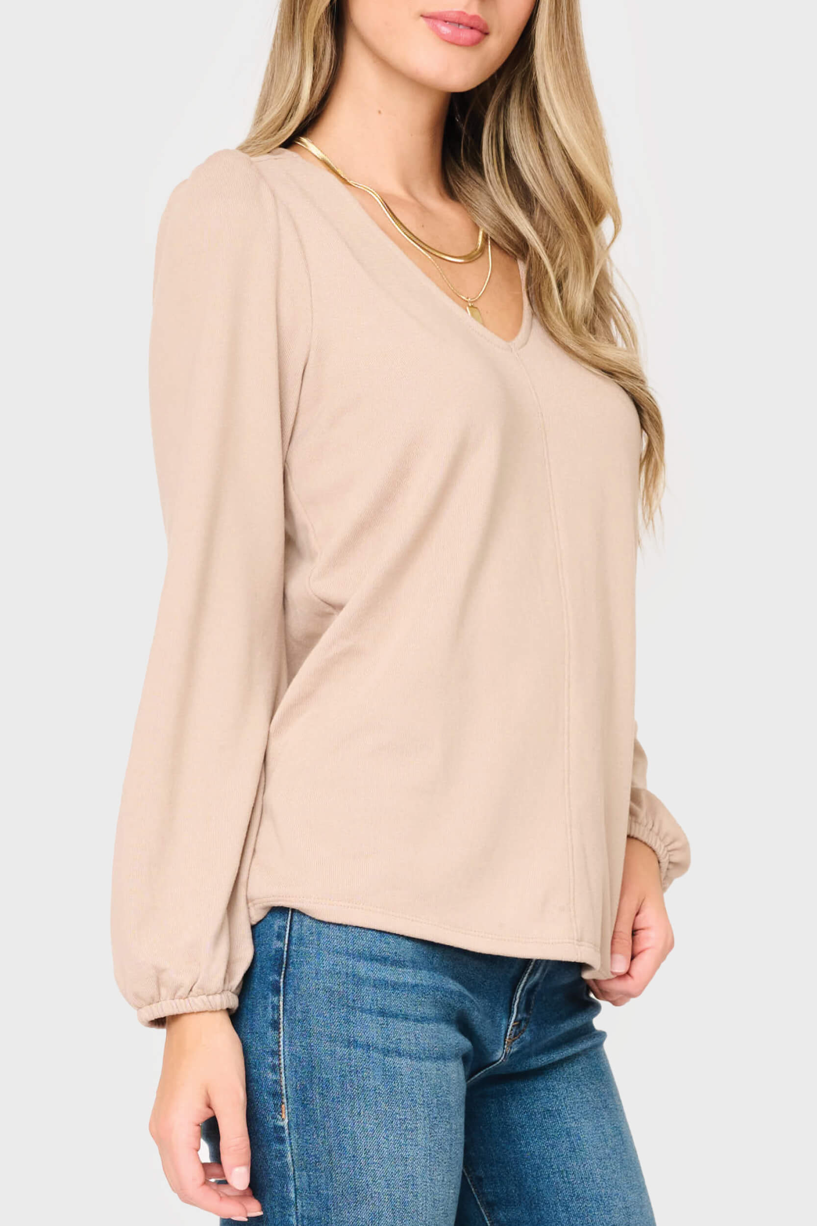 V-Neck Blouson Sleeve Sweater Top – Gibsonlook